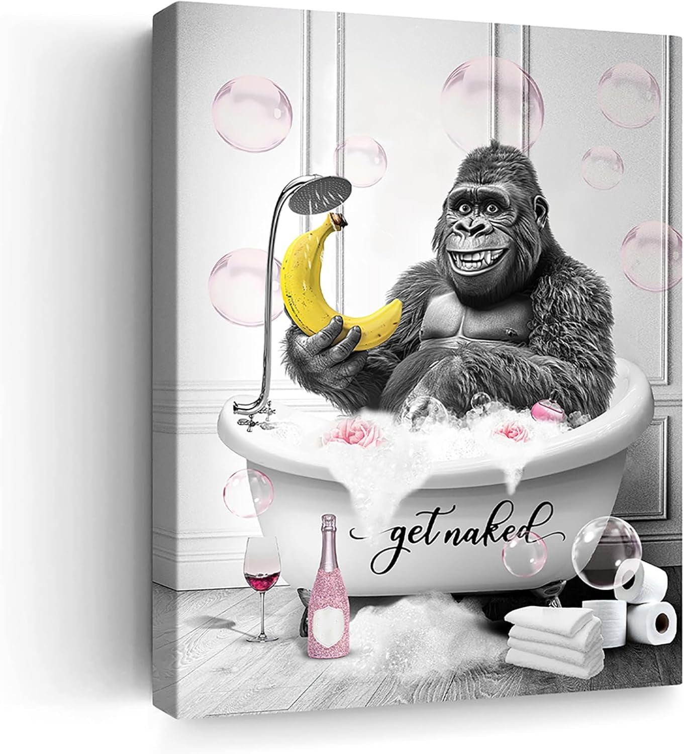 Funny Monkey Bathroom Wall Art Black and White Animals Monkey Wall Decor Gorilla in Bathtub ...