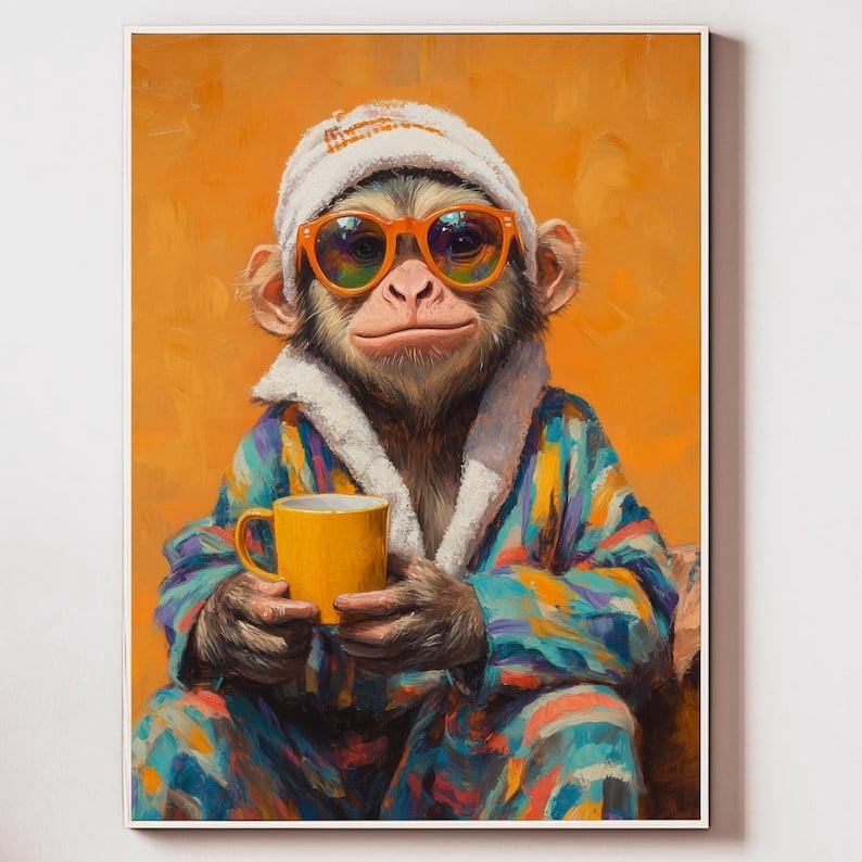 Funny Monkey Coffee Wall Art – Colorful Spa Chimp Poster With Mug ...