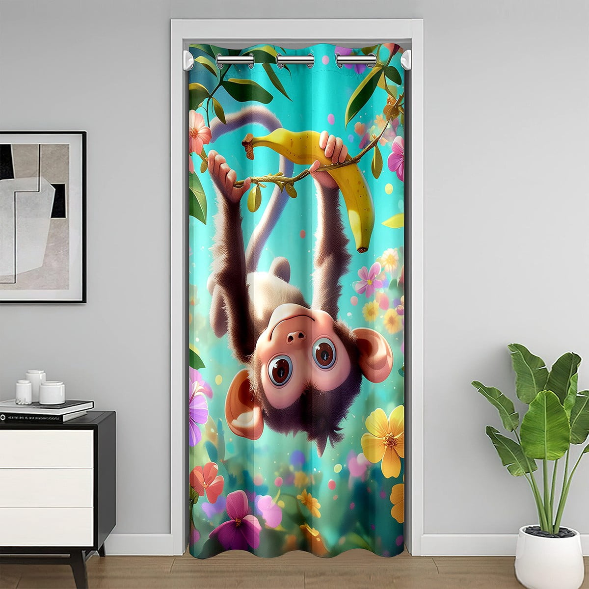 Funny Monkey Door Curtain Tropical Jungle Flowers Doorway Curtain 52" W ...