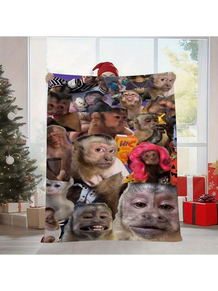 Funny Monkey Face Print Flannel Blanket | Soft Plush All-Season Sofa ...