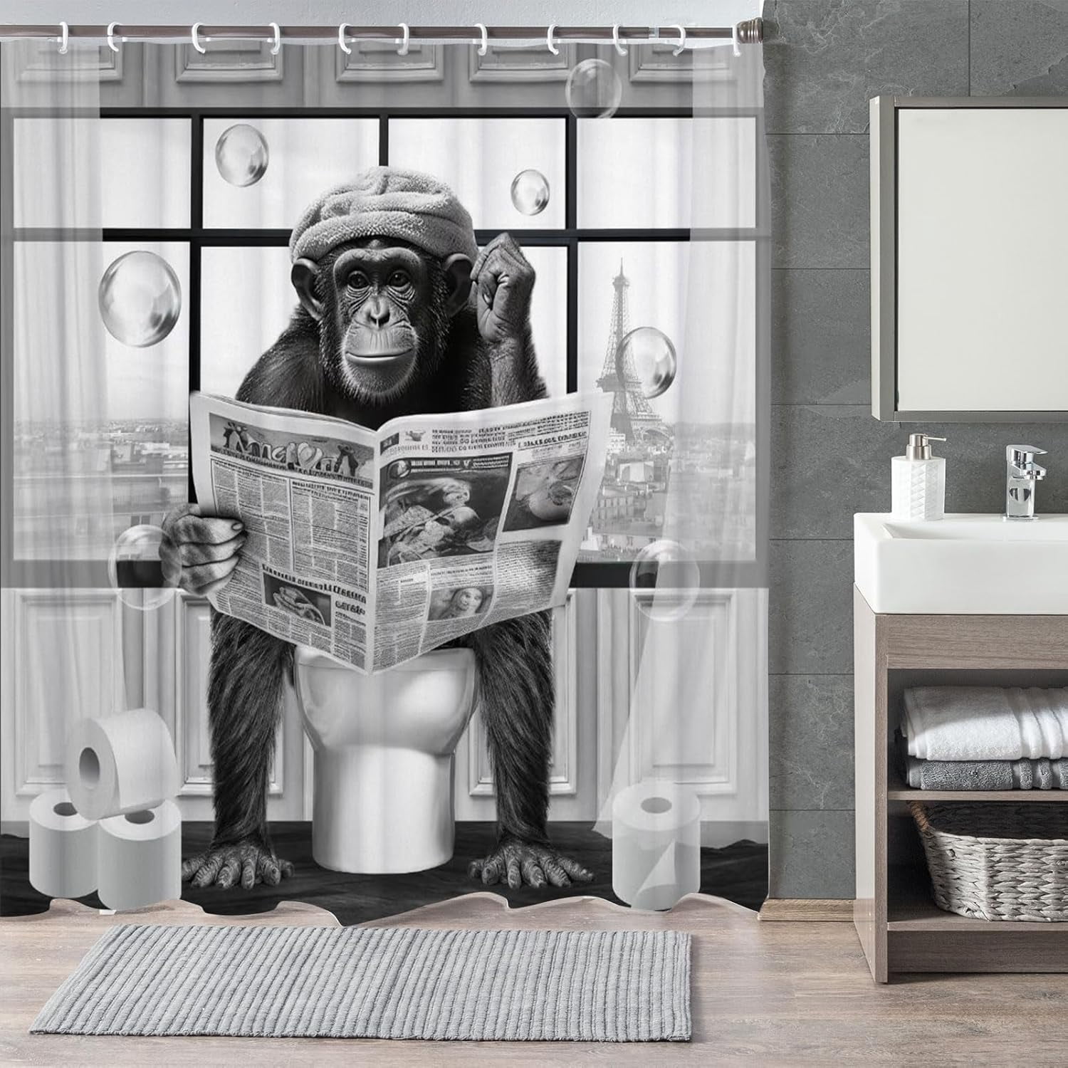 Funny Monkey Shower Curtain, Black and White Fun Animal Reading ...