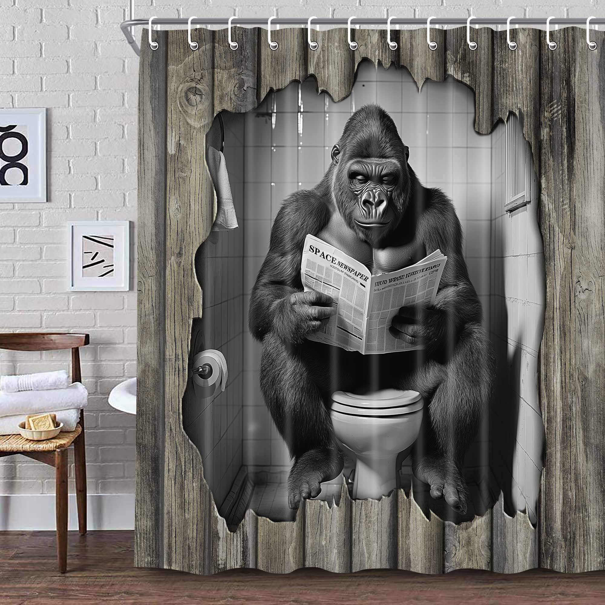 Funny Monkey Shower Curtain, Rustic Wooden Animal Cute Cat Reading ...
