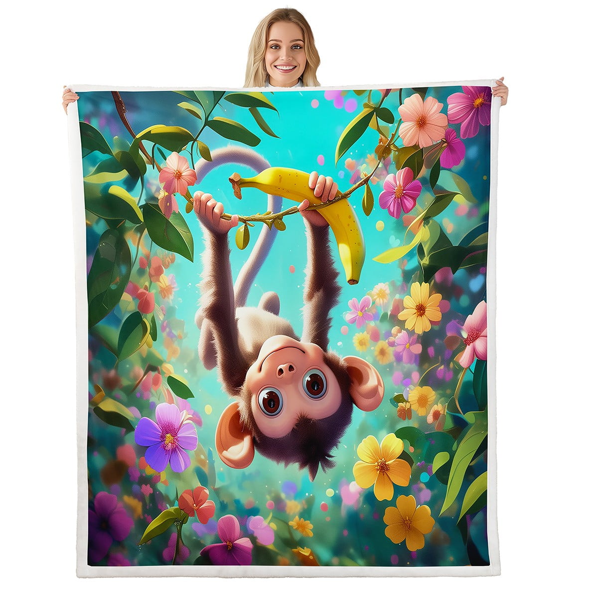 Funny Monkey Throw Blanket 40"X50" Tropical Jungle Flowers Sherpa ...
