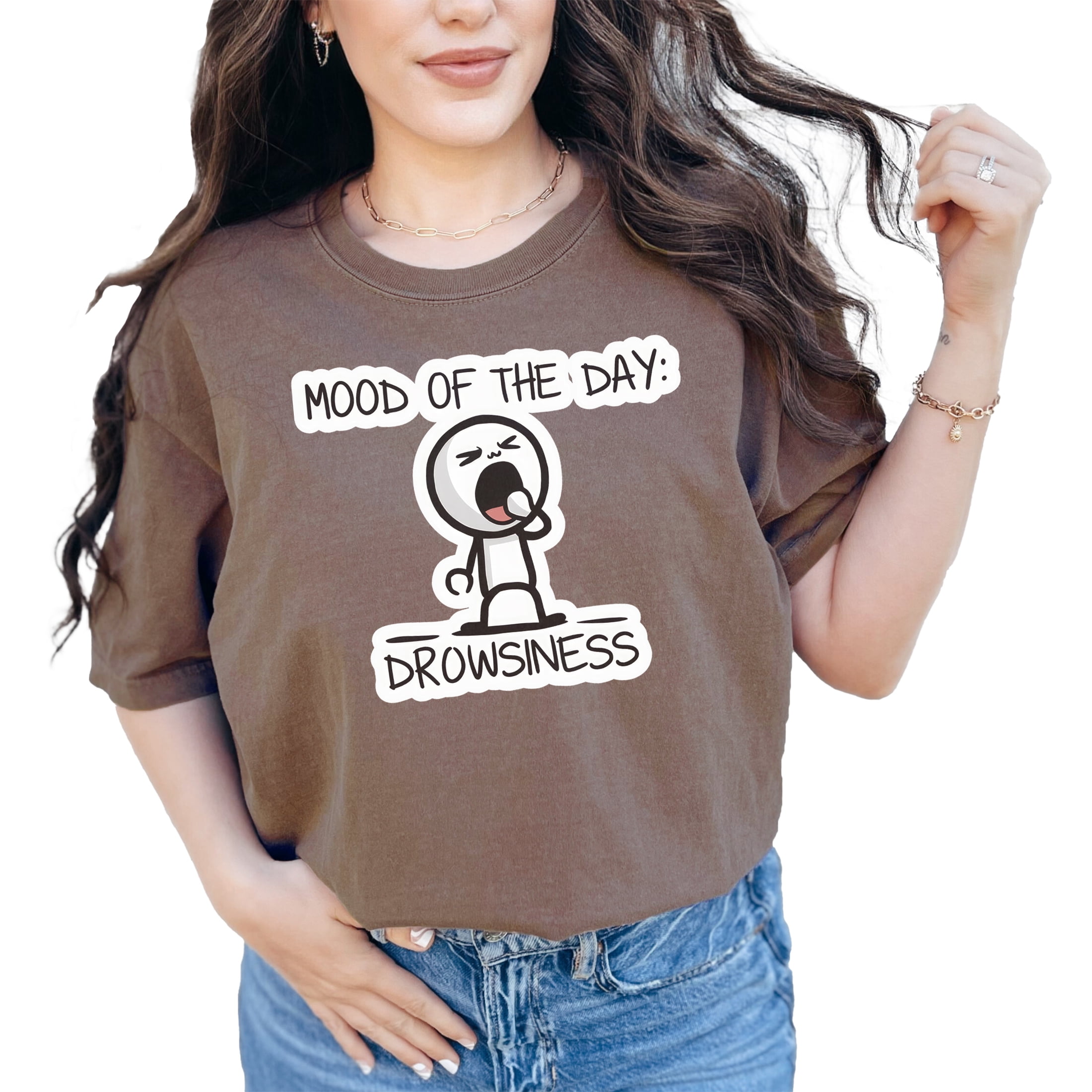 Funny Mood Of The Day Drowsiness T-Shirt, Cartoon Character Yawning Tee ...