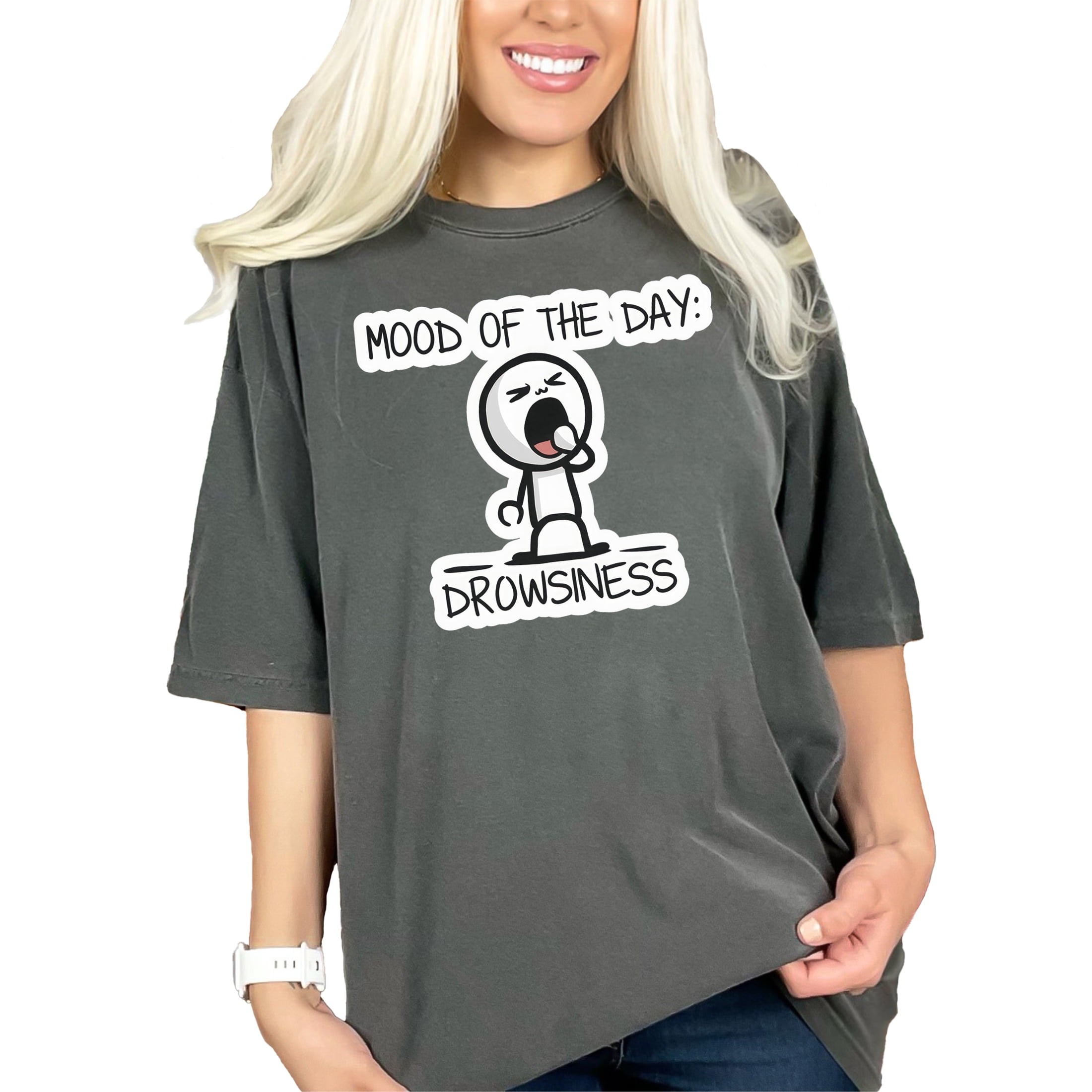 Funny Mood Of The Day Drowsiness T-Shirt, Cartoon Character Yawning Tee ...