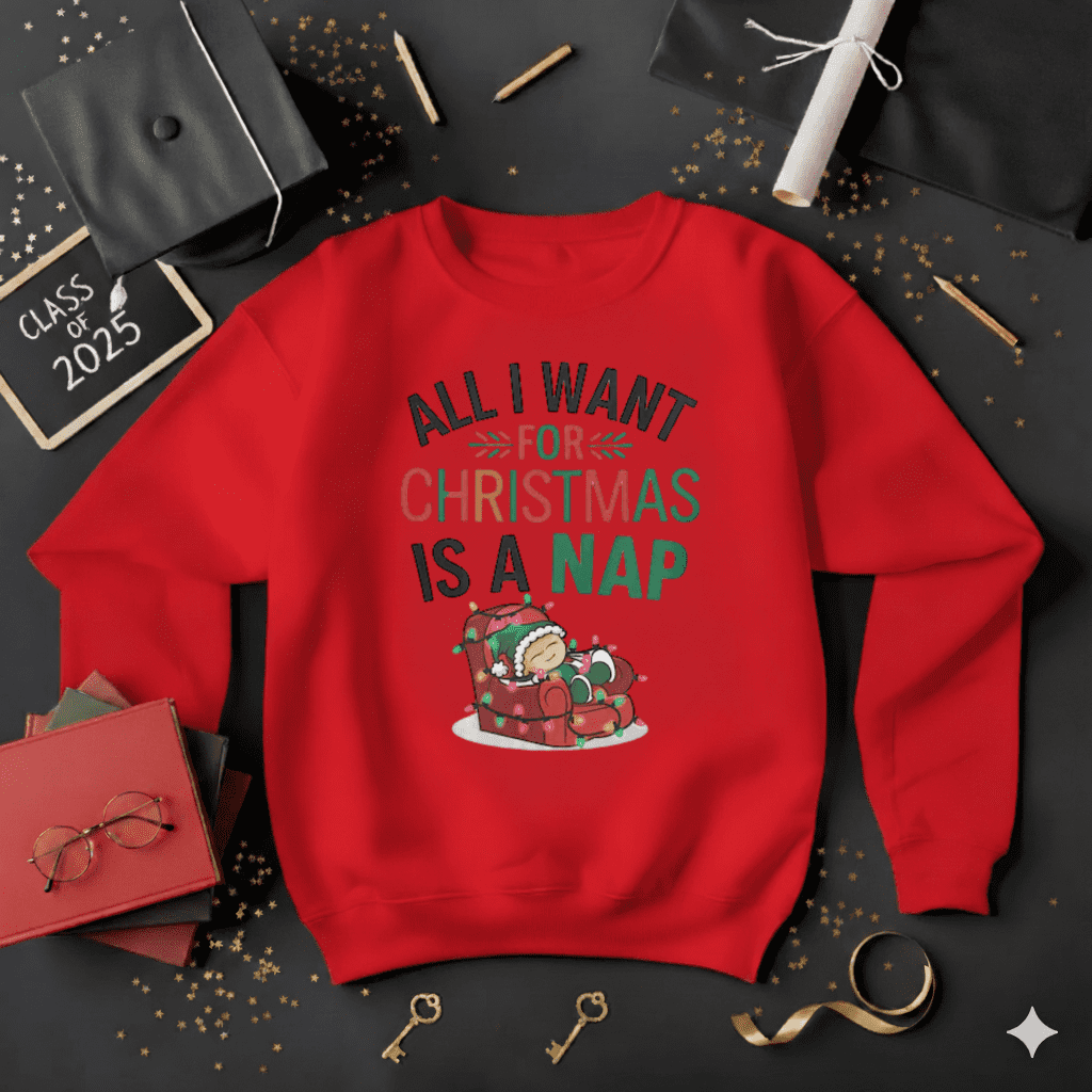 Funny Nap Lover Quote All I Want For Christmas Is Rest Humor Sweatshirt ...