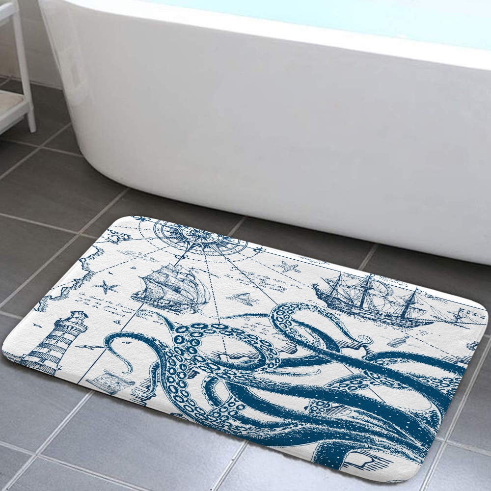 Funny Nautical Octopus Bath Mat for Bathroom, Cool Coastal Ocean Beach ...