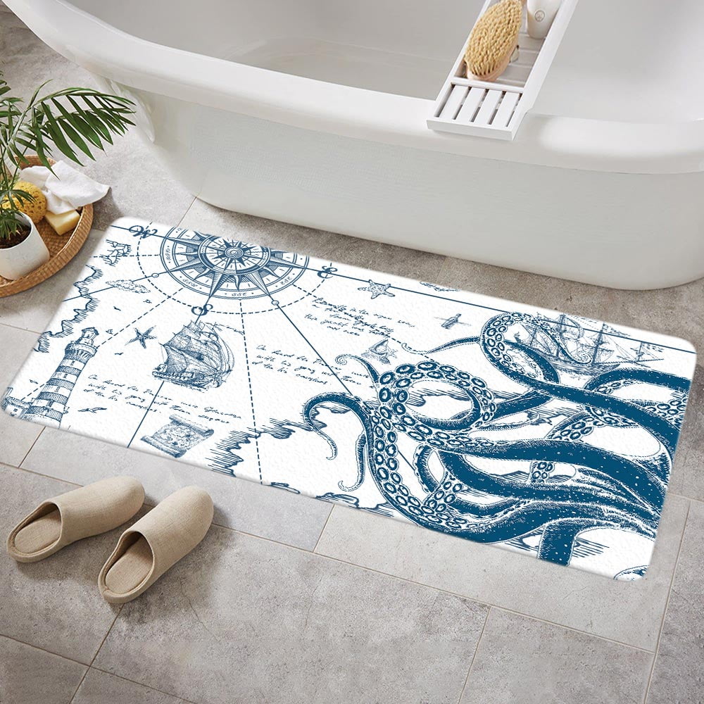 Funny Nautical Octopus Bath Mat for Bathroom, Cool Coastal Ocean Beach ...