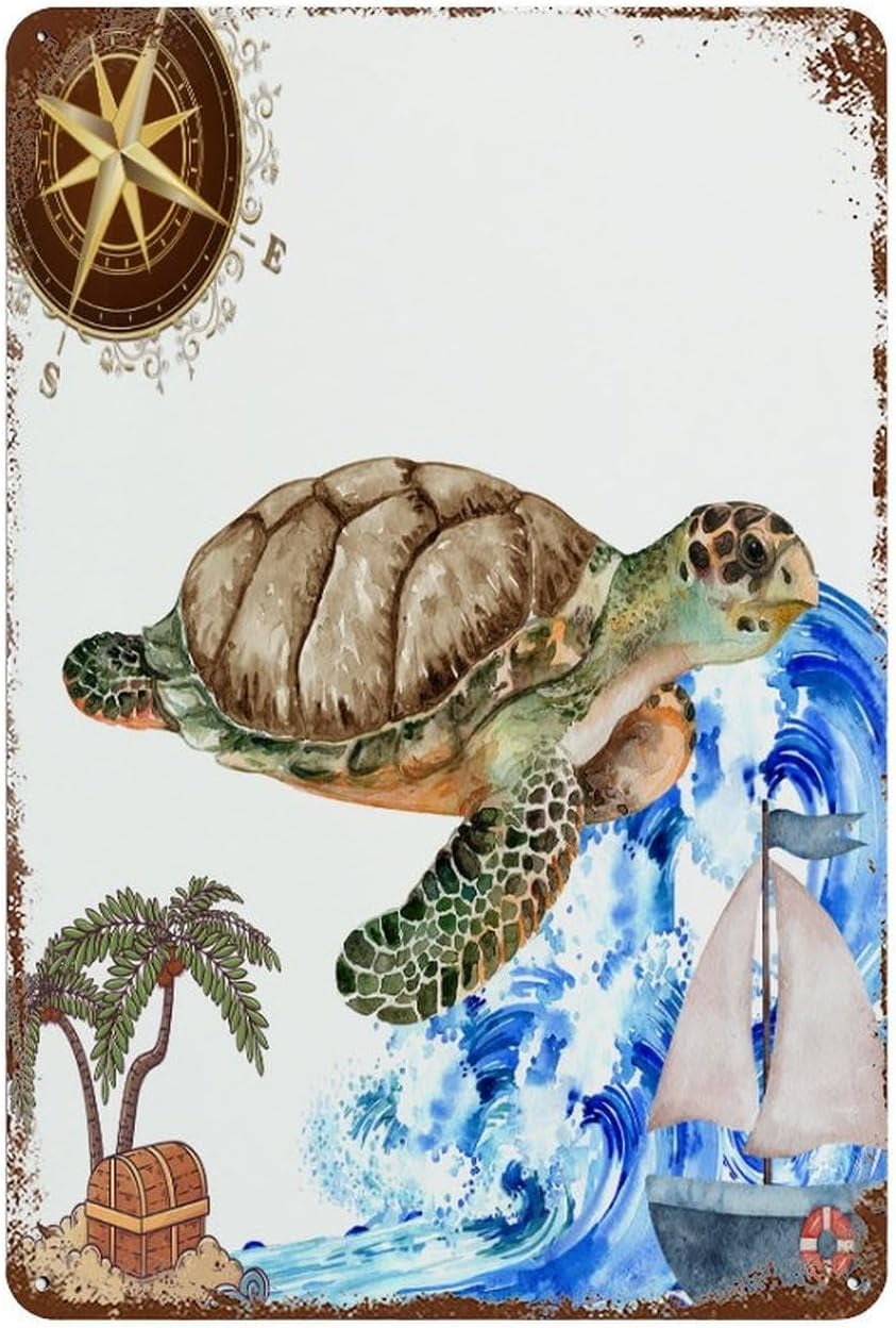 Funny Novelty Metal Tin Sign Ocean Beach Nautical Theme Underwater Sea Turtle Wall Poster Tin ...