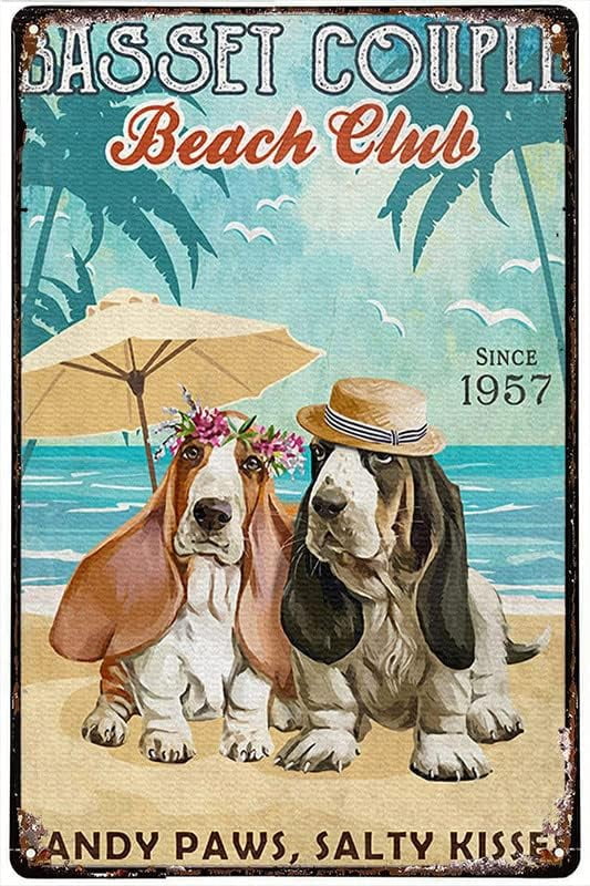Funny Novelty Tin Sign Basset Couple Beach Club Sandy Paws Salty Kisses ...