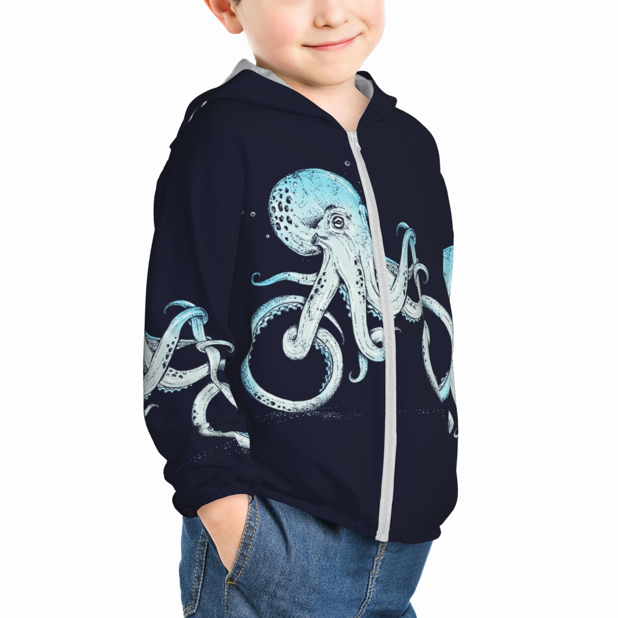 Funny Octopus Riding Bicycle Kids Zip-Up Hoodie Girls Boys Sun Protection Jacket Hooded Cooling ...