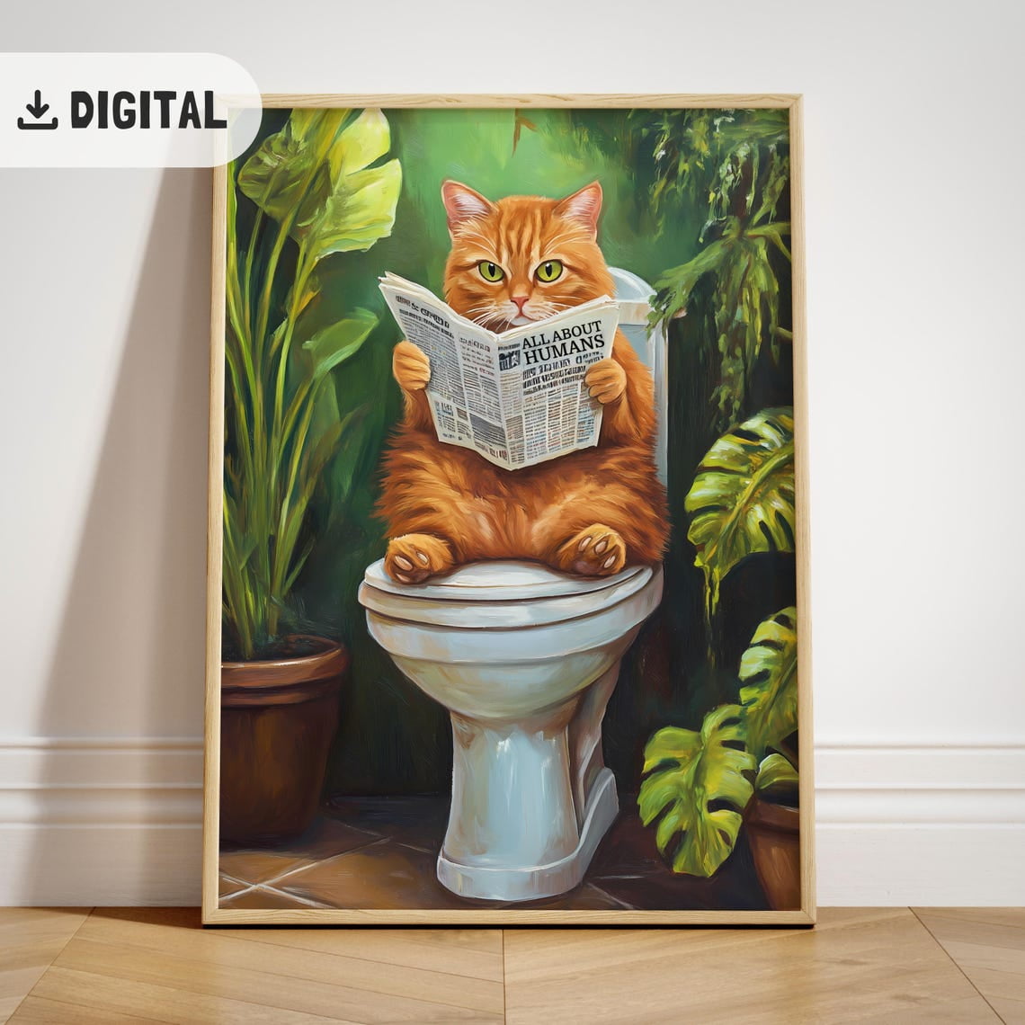 Funny Orange Cat Bathroom Red on toilet Ginger pooping decor Restroom ...