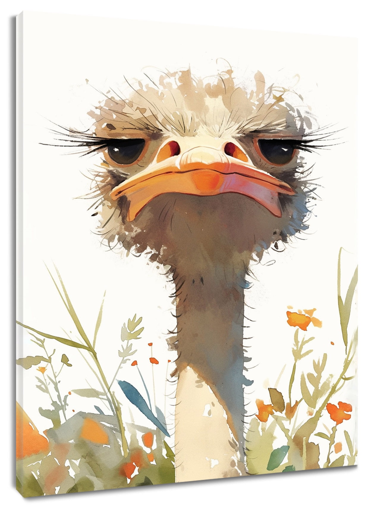 Funny Ostrich Wall Art Watercolor Ostrich with Botanical Floral ...