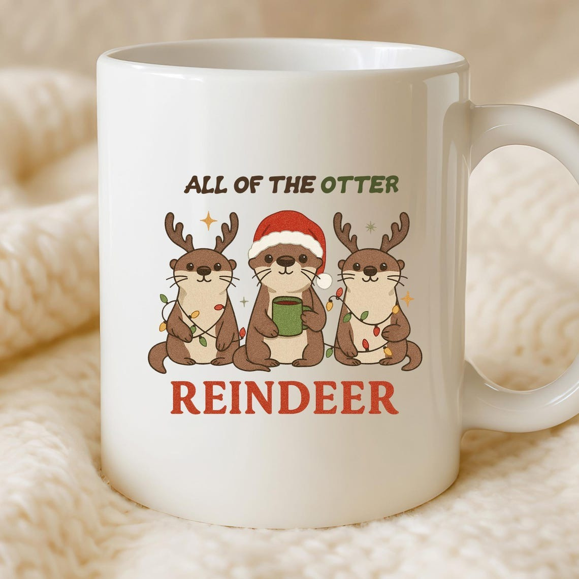 Funny Otter Reindeer Mug, Three Sea Otters Ceramic 11oz & 15oz, Cute ...