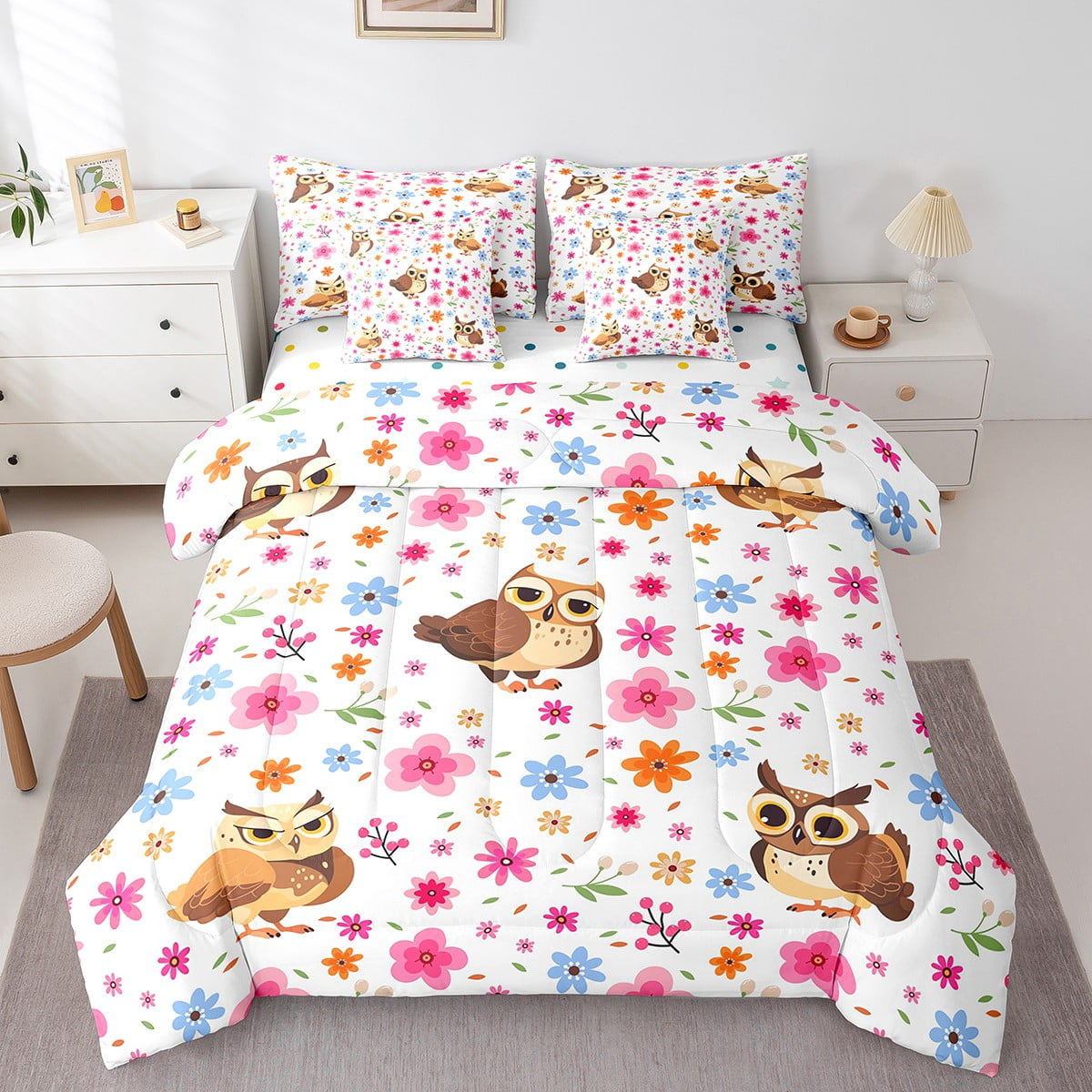 Funny Owl Bedding Comforter Sets 7pcs Pink Flower Floral Full Bedding ...