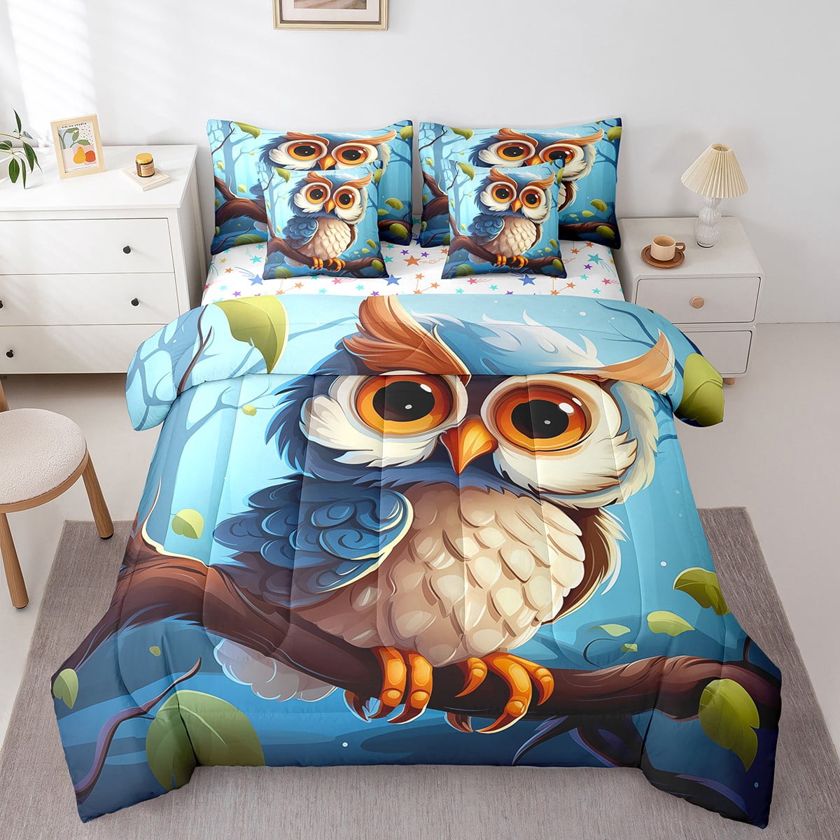 Funny Owl Bedding Set Full Size, Cute Cartoon Bird Comforter Set ...