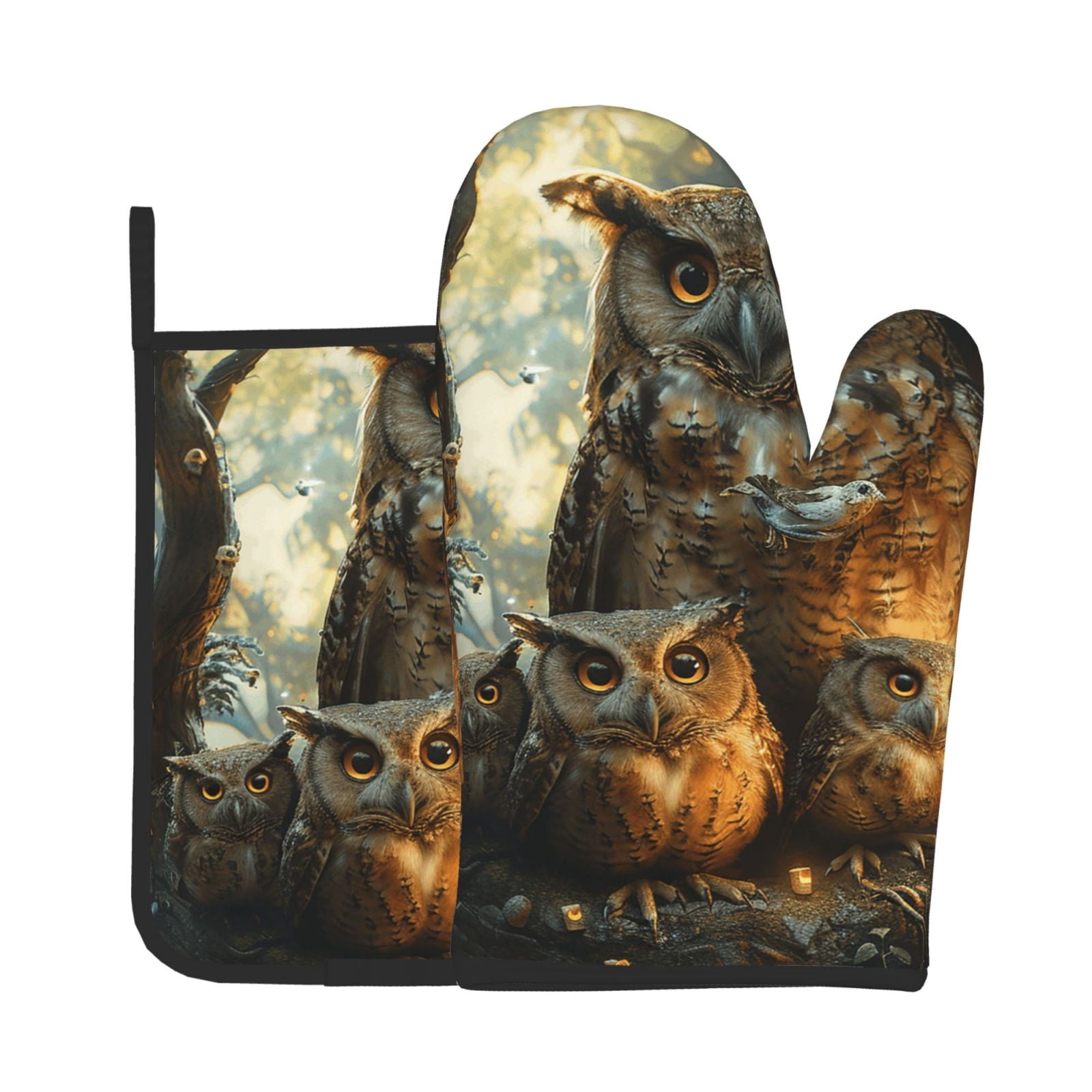Funny Owl Family Cool 2Pcs Oven Mitts and Pot Holders Set Kitchen Glove ...