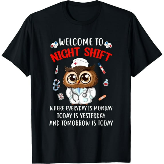 Funny Owl Night Shift Nurse Graphic T-Shirt - Cartoon Doctor & Medical ...