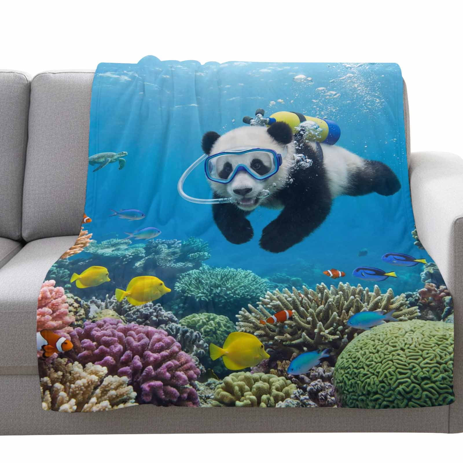 Funny Panda Diving Fleece Throw Blanket Lightweight Seafloor Corals ...