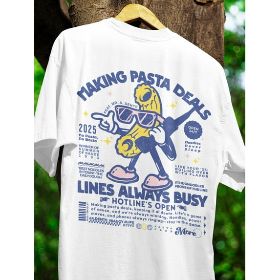 Funny Pasta Club Tee Hand-Drawn Cartoon T-Shirt, Retro 90s Foodie Shirt ...