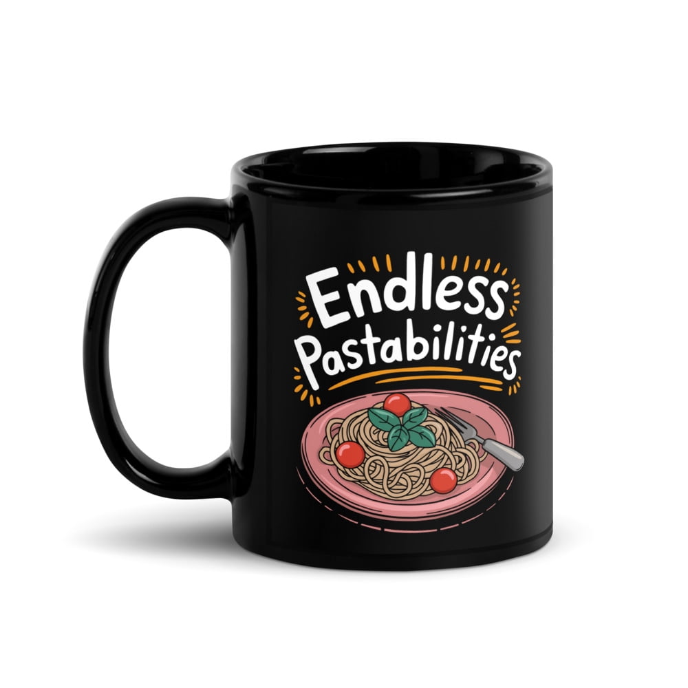 Funny Pasta Spaghetti Pun Black Glossy Mug, Endless Pastabilities (11 ...