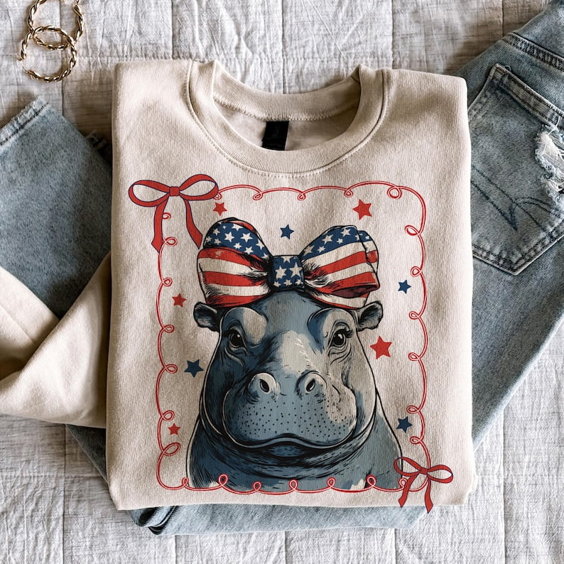 Funny Patriotic Hippo Sweatshirt, 4th of July USA Flag Bow Pullover ...