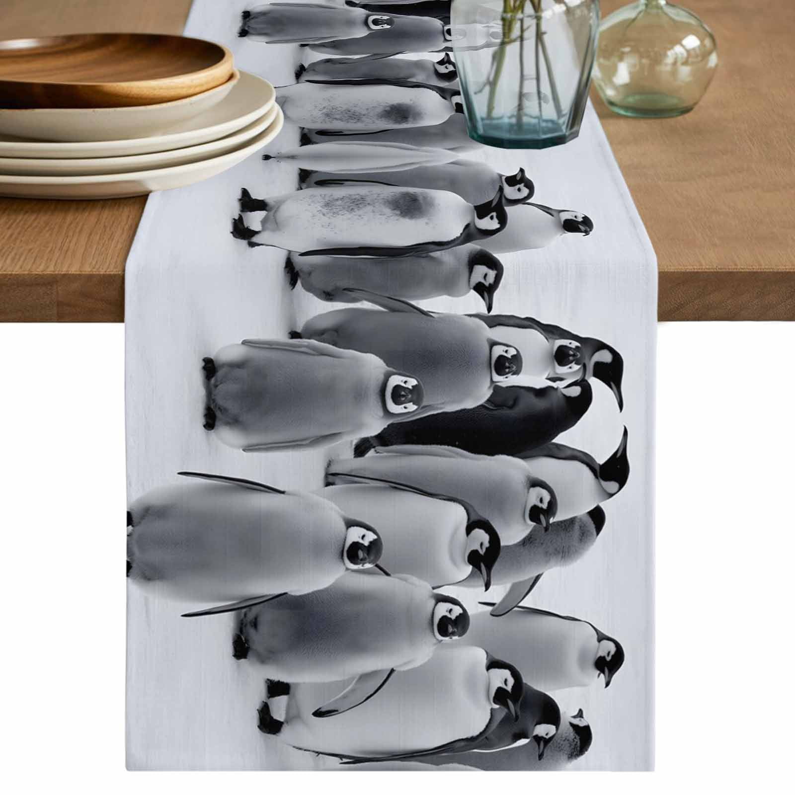 Funny Penguins Table Runner 48 Inches, Snow Winter Grey Penguin Animals ...