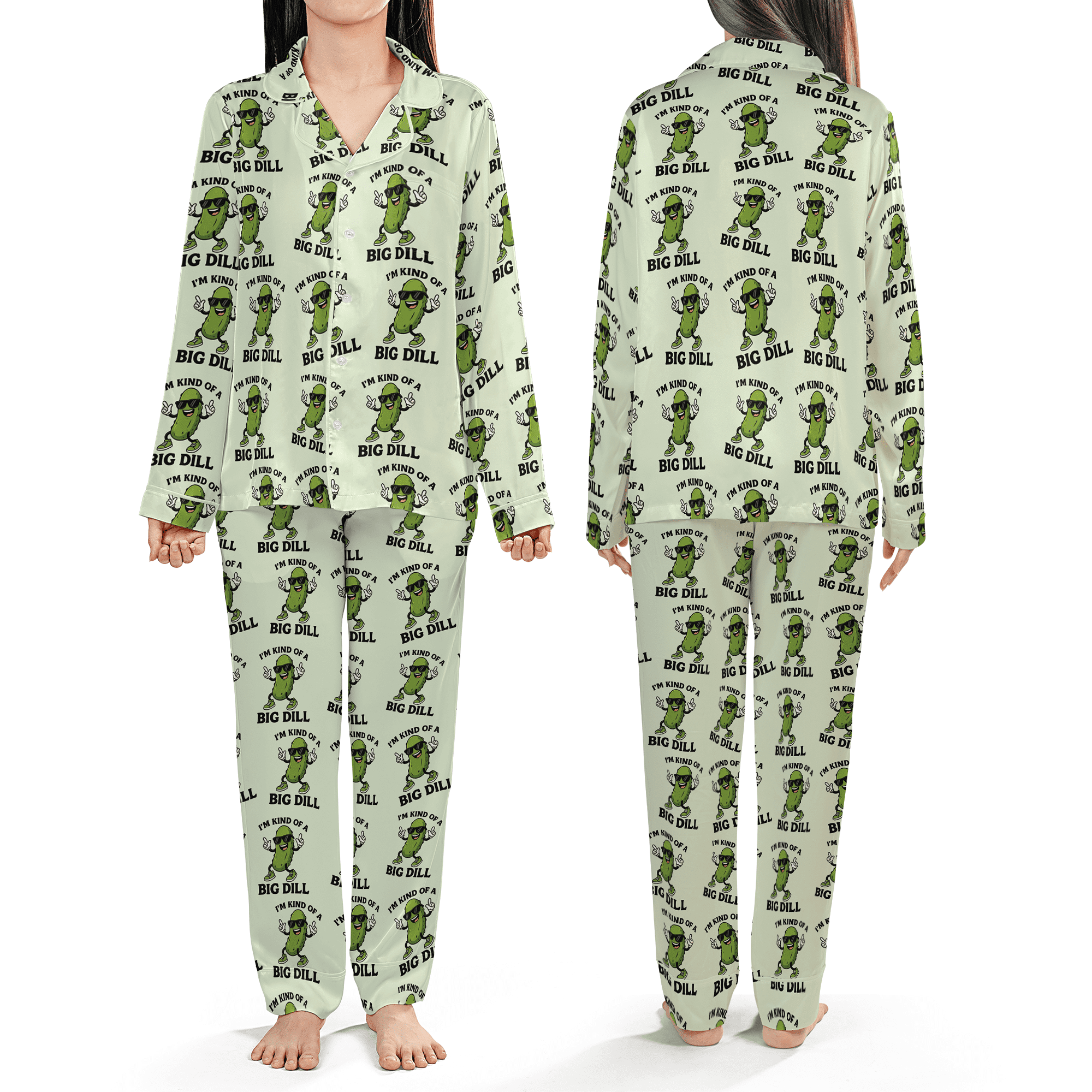 Funny Pickle Pajama Set, Cute “Big Dill” Pajamas, Cartoon Print Satin ...