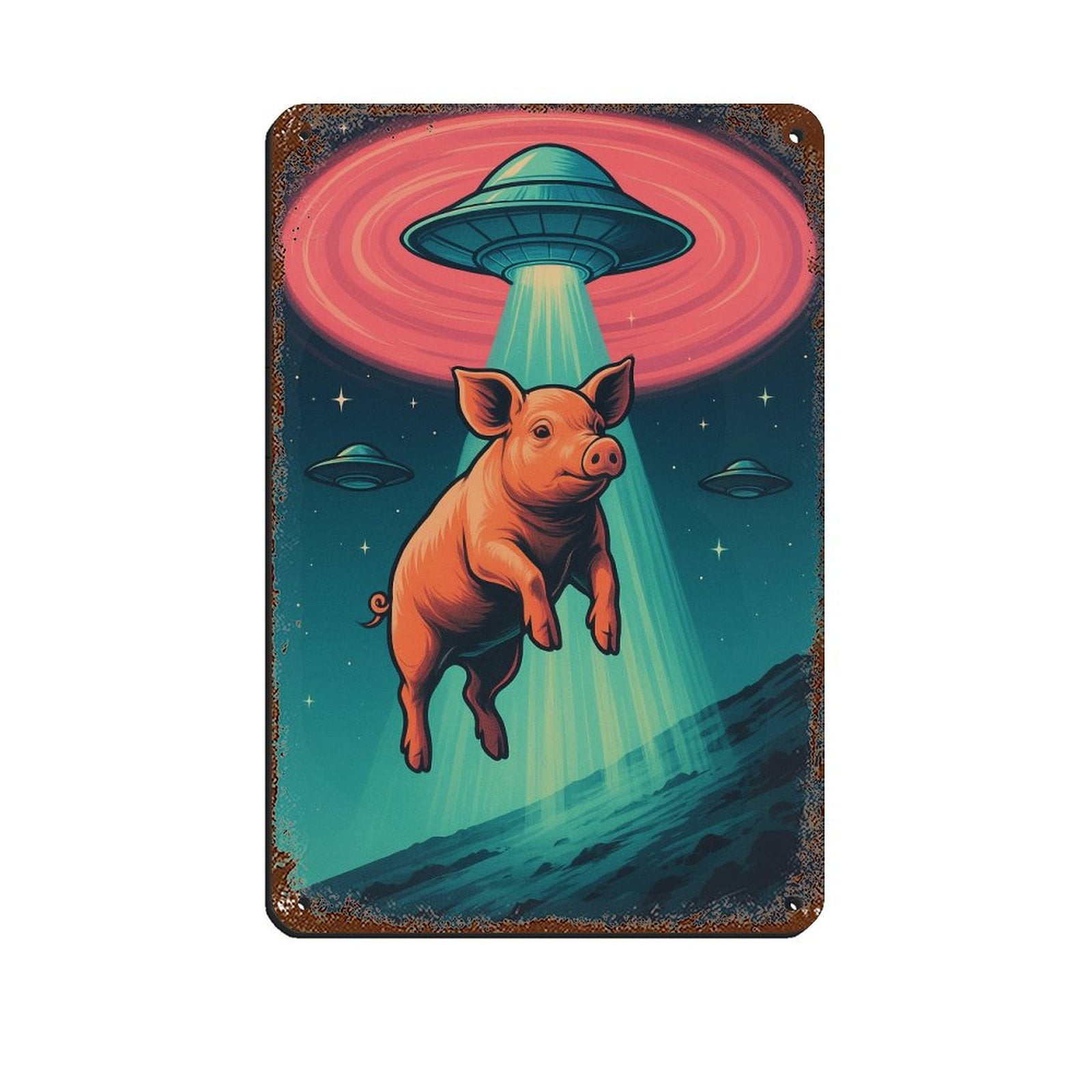 Funny Pig Abducted by UFO Aliens Art 50s Style Tin Sign Vintage Metal ...