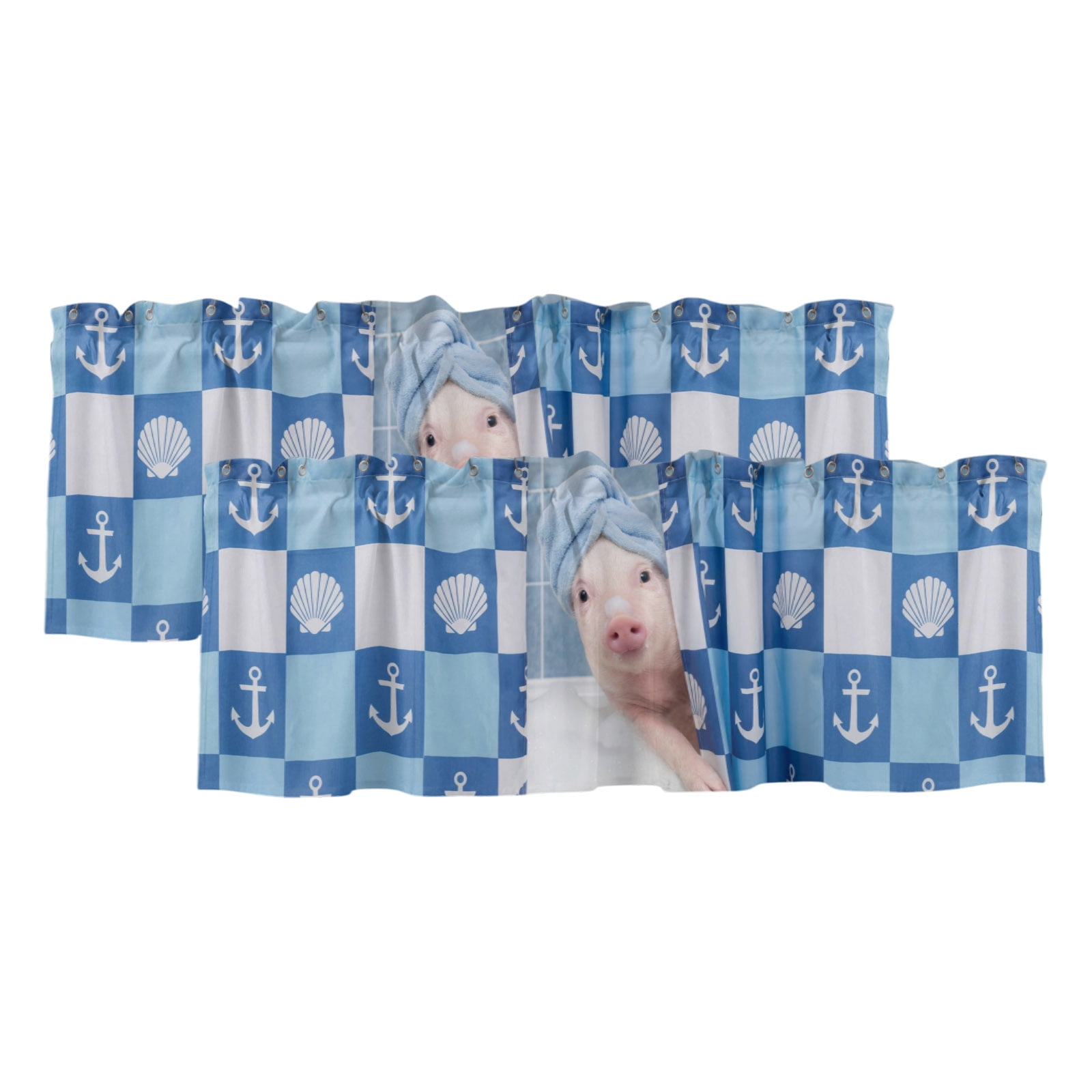 Funny Pig Bathing 2 Panels Kitchen Valance, Shell Anchors Towel Modern ...