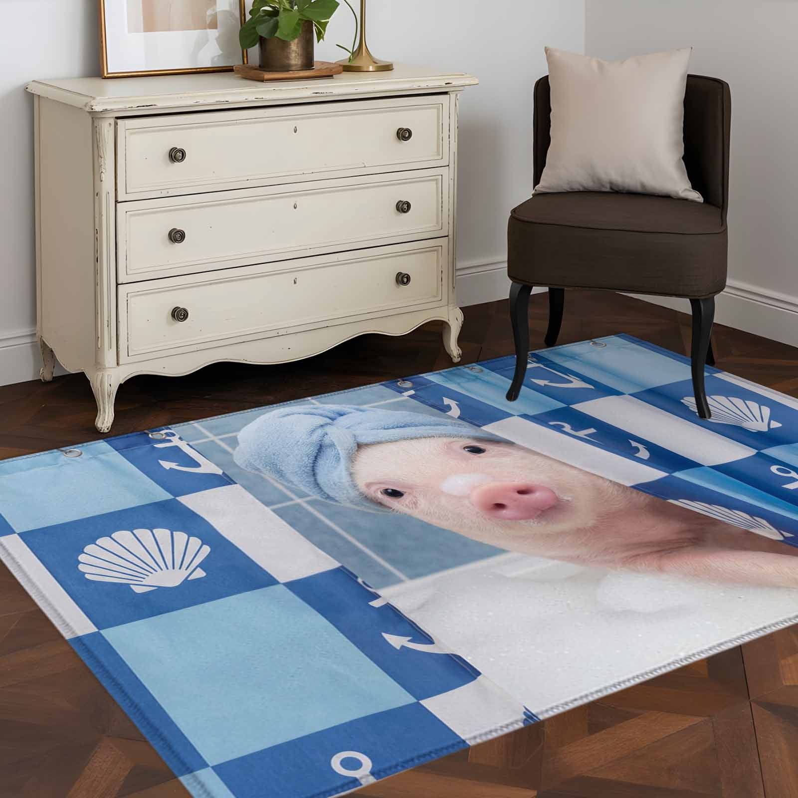 Funny Pig Bathing 4x6 Rug for Dining Table for 4 People Under Table ...