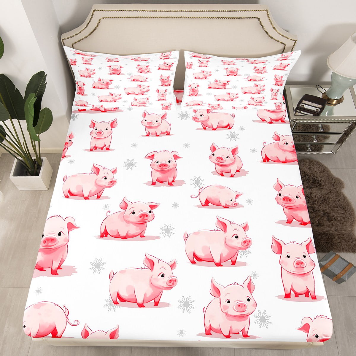 Funny Pig Bed Sheets Farm Animal Fitted Sheet Queen Size Bedroom Decor ...