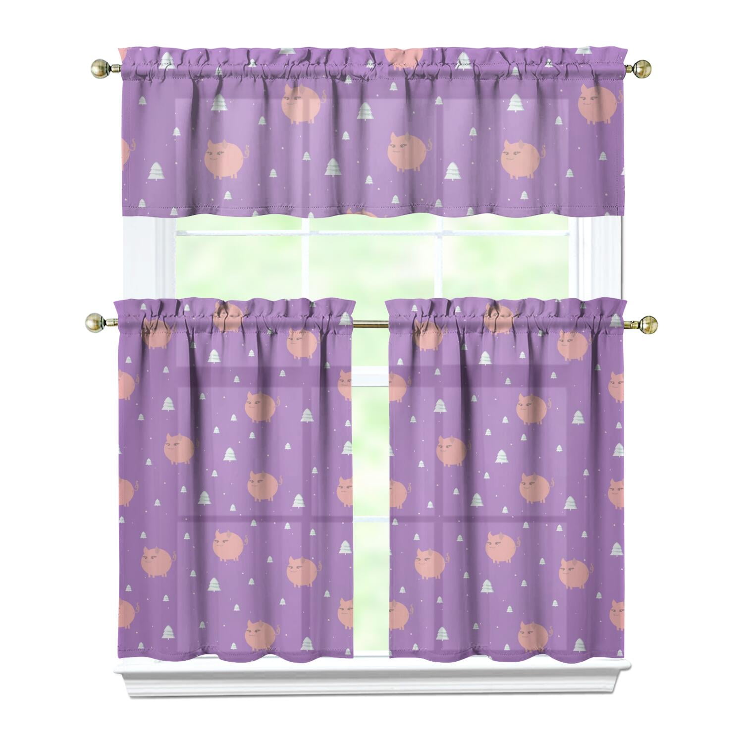 Funny Pig Print Kitchen Curtains 3-Piece Set - Artistic Watercolor Farm ...