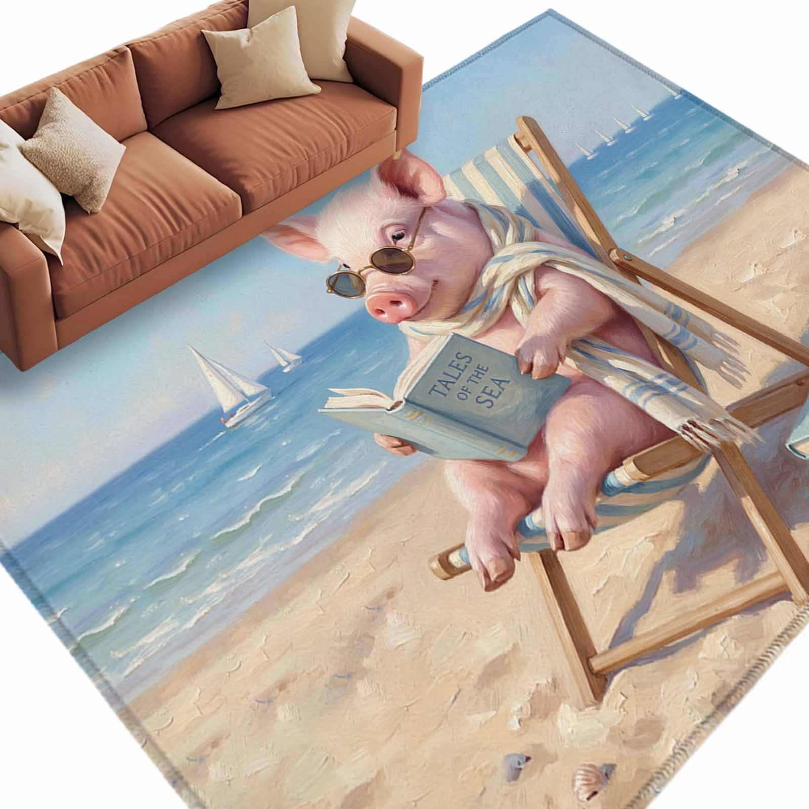 Funny Pig Reading Area Rug 8x10 Washable Rug Non Slip Summer Beach ...