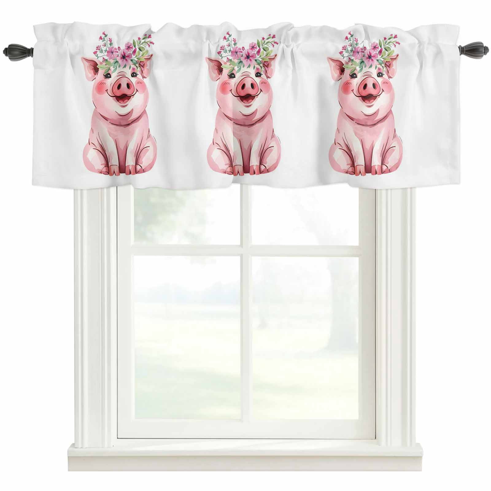 Funny Pig Rod Pocket Curtain Valance, Cute Watercolor Animals Flower ...