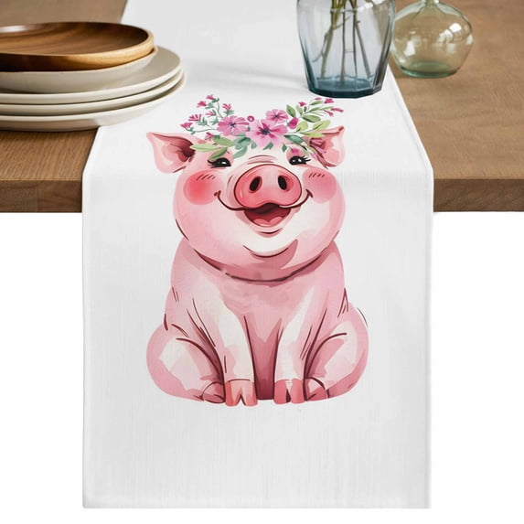 Funny Pig Table Runner 72 Inches, Cute Watercolor Animals Flower Leaf ...