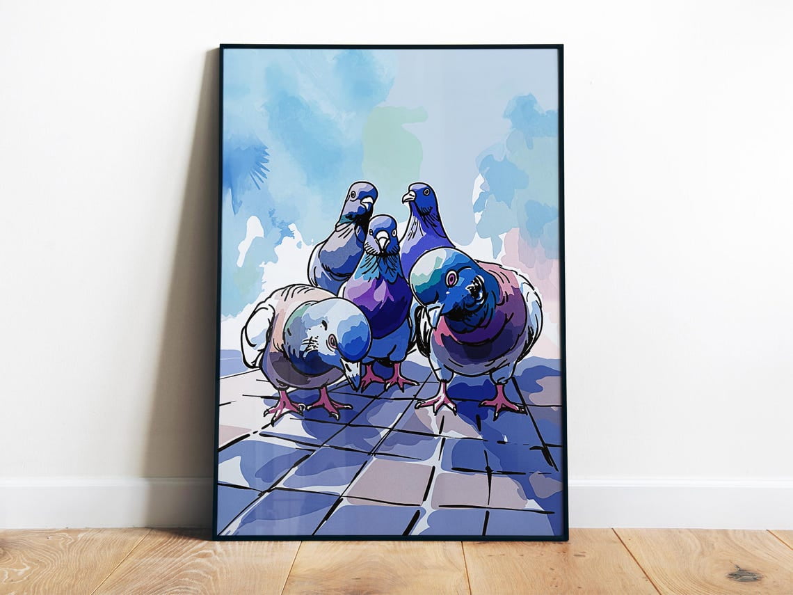 Funny Pigeons Art Print Blue Bathroom Art Prints For Toilet Room Decor ...