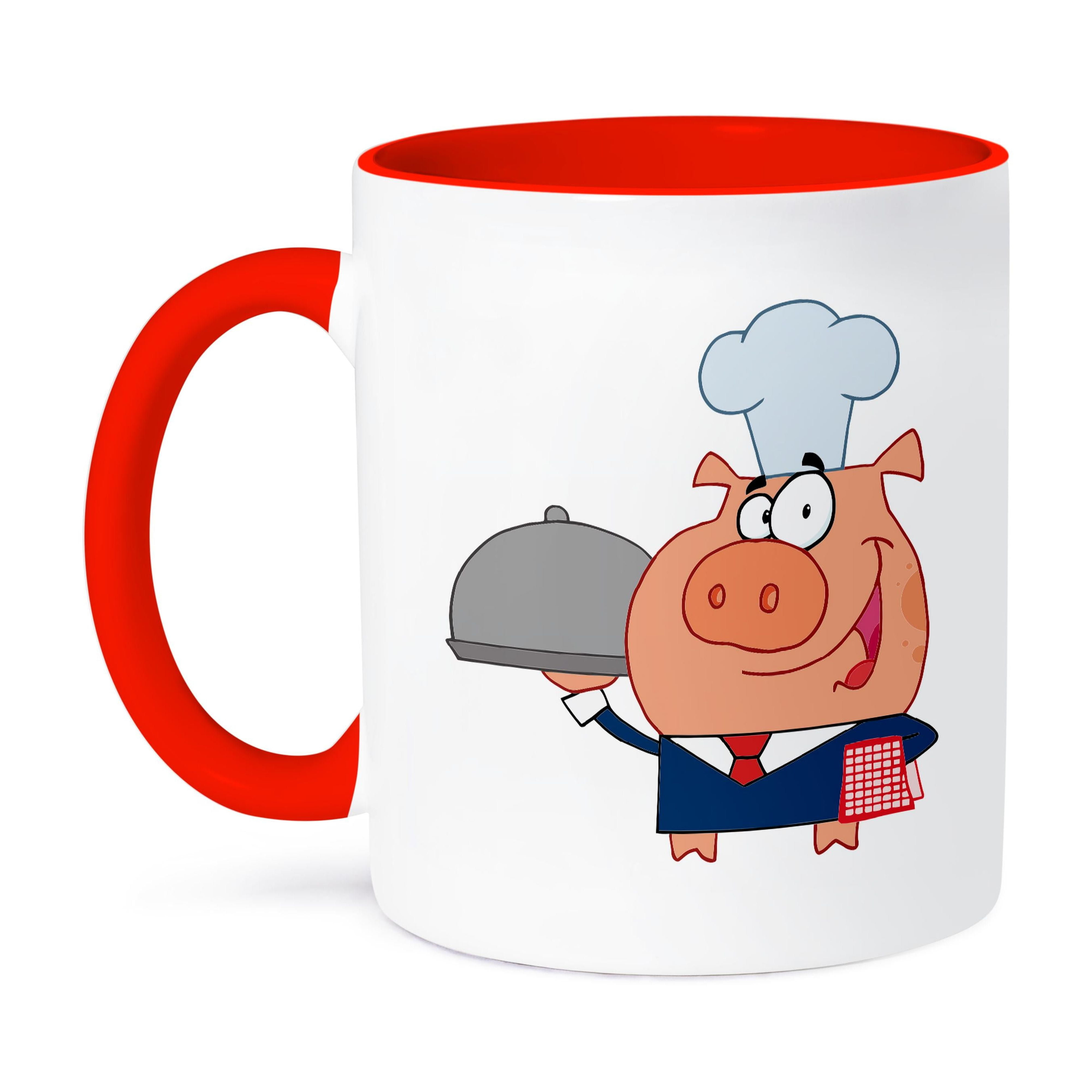 3dRose, Funny Piggy Pig Waiter Wearing Chefs Hat, 15oz Two-Tone Red Mug ...