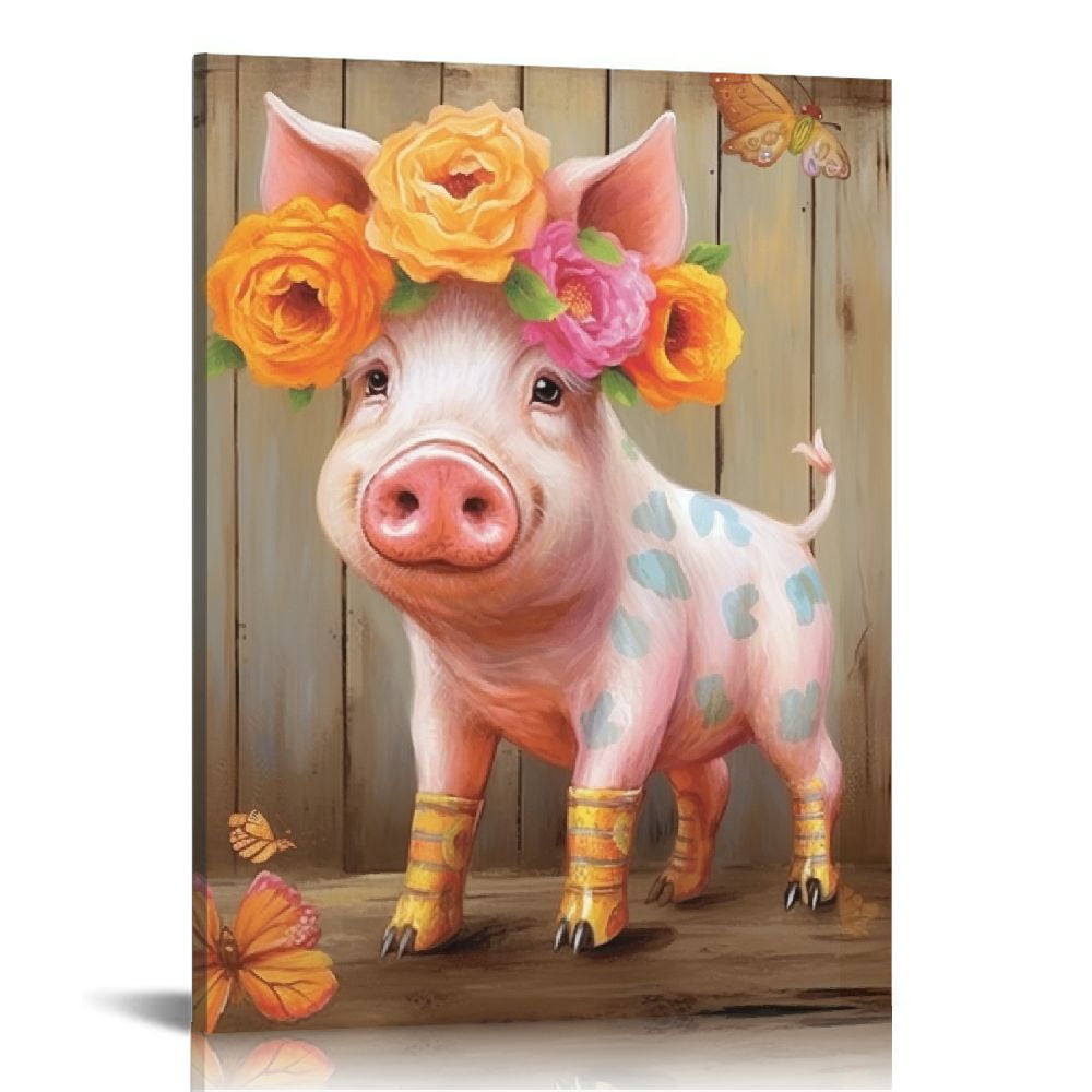 Funny Piggy and Pink Butterfly Pig Pictures Wall Art Farmhouse Wall ...