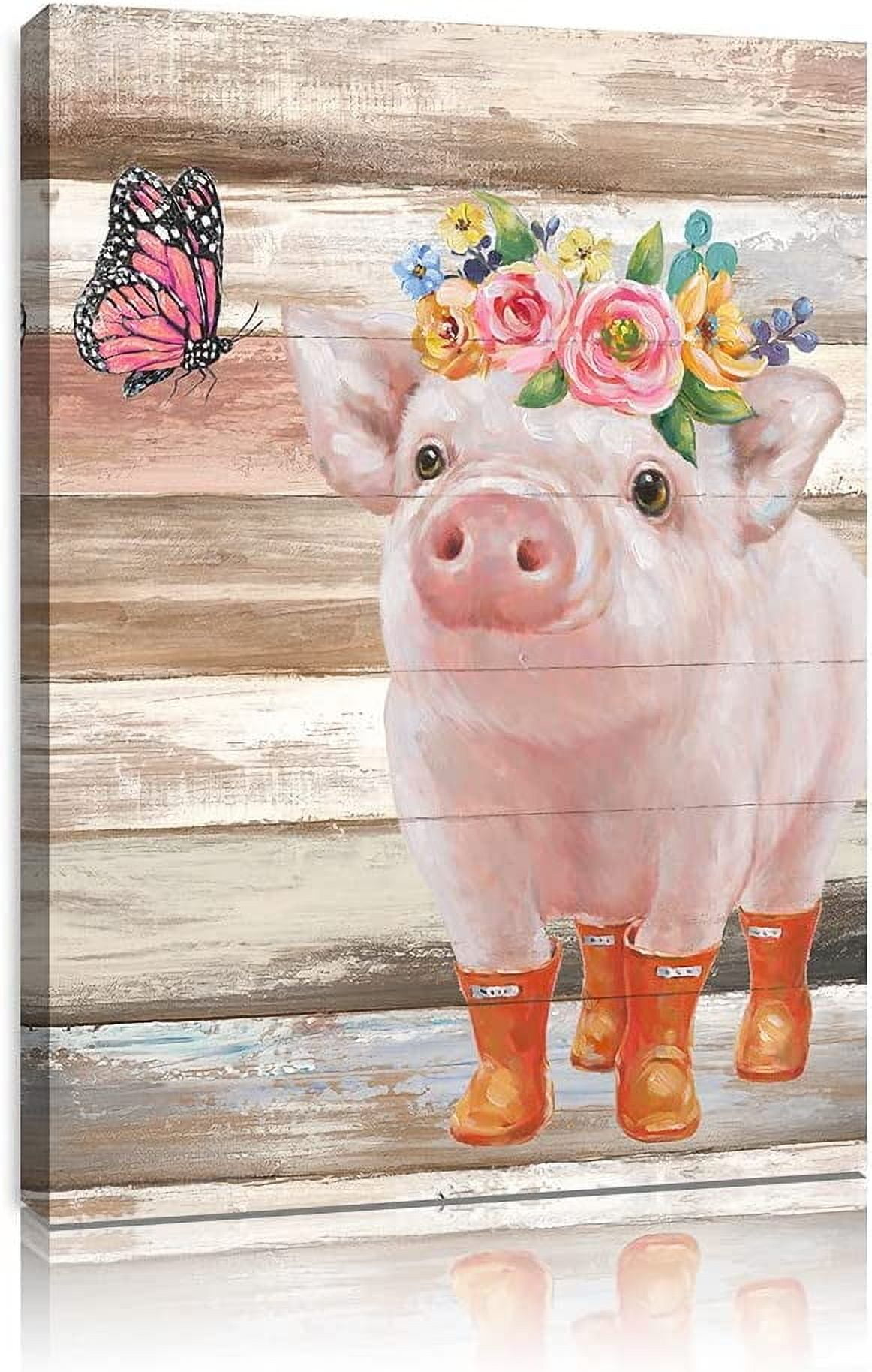 Funny Piggy and Pink Butterfly Pig Pictures Wall Art Farmhouse Wall ...