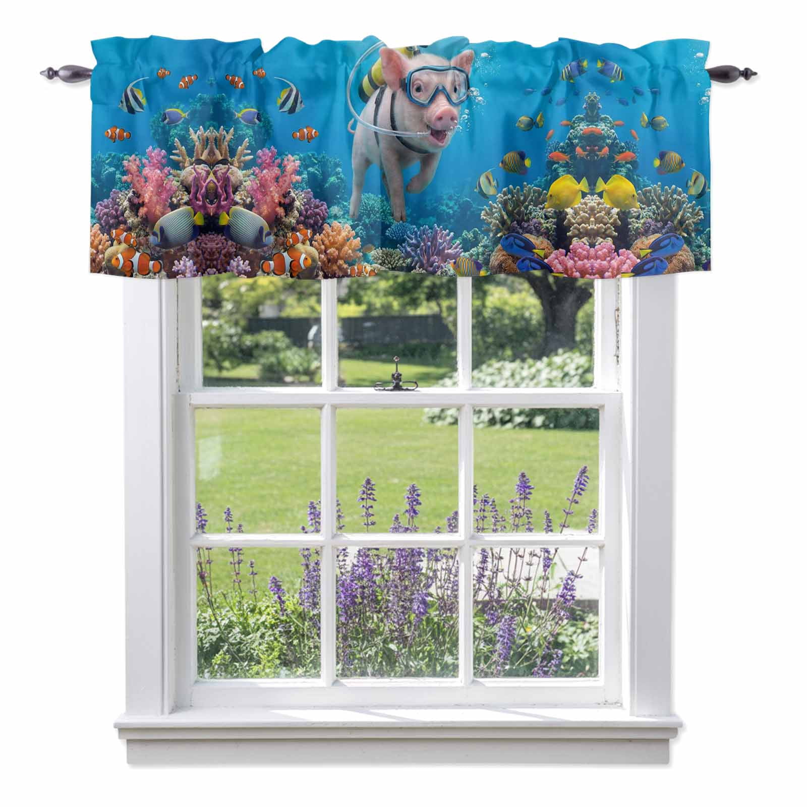 Funny Pigs Diving Valances for Windows Seafloor Corals Fish Oceans ...