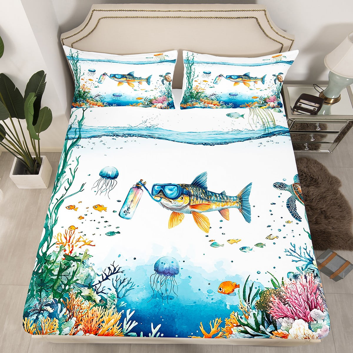 Funny Pike Fish Fitted Sheet Sea Turtle Jellyfish Coastal Twin Bed ...