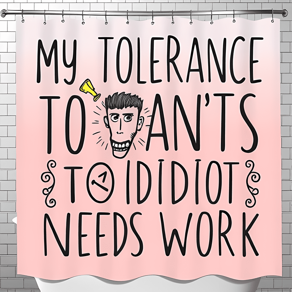 Funny Pink Shower Curtain - "My Tolerance to A**nts to Idiots Needs Work" - Cartoon Design ...