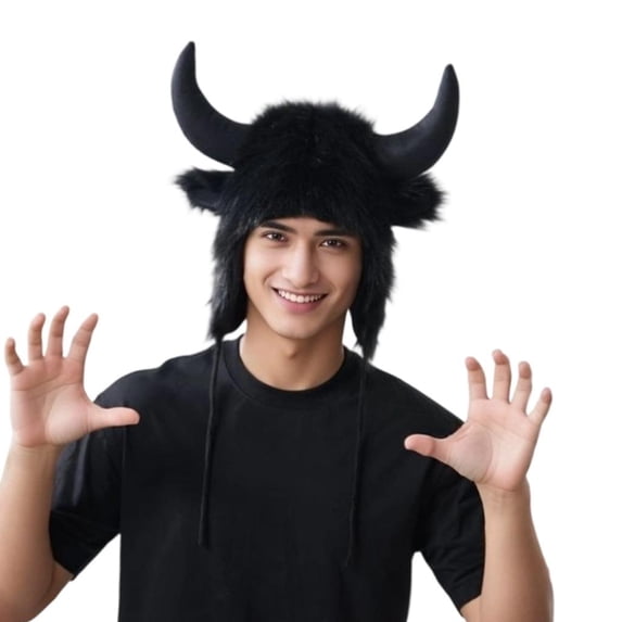 Funny Plush Hat With EarFlaps Bull Horn For Winter Outdoor Activity ...