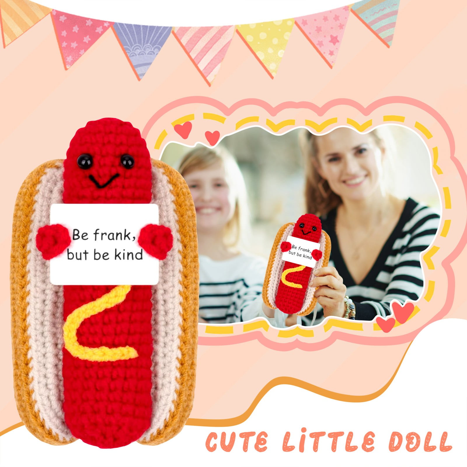 Funny Positive Hot Dog, Emotional Support Crochet Toy, 4.33in Cute ...