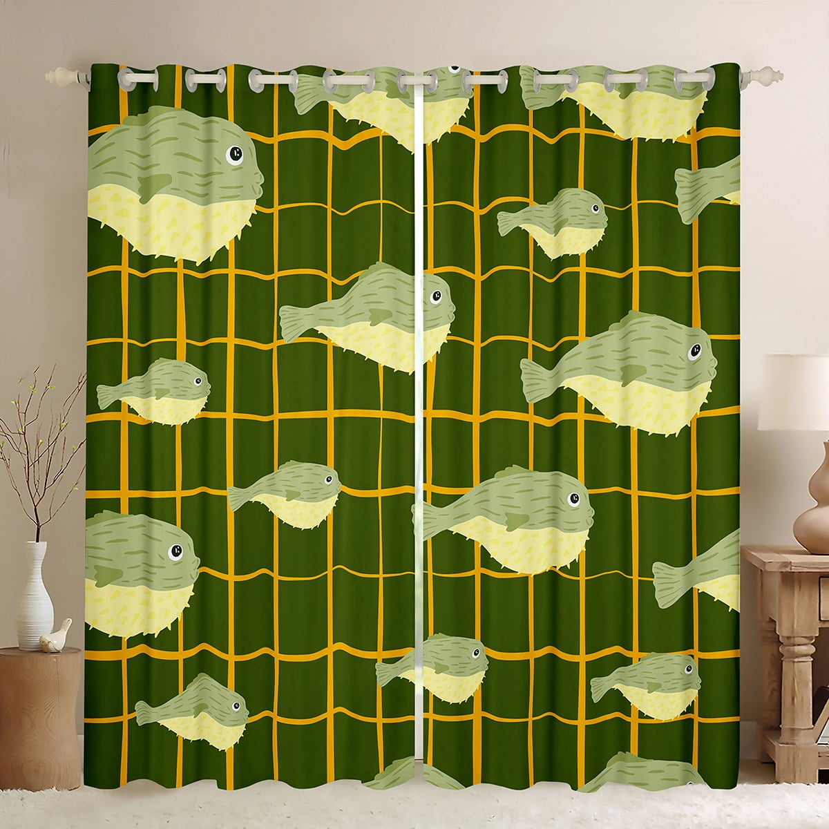 Funny Puffer Fish Curtains 38"x54" Set of 2 Panels,Cartoon Doodle ...