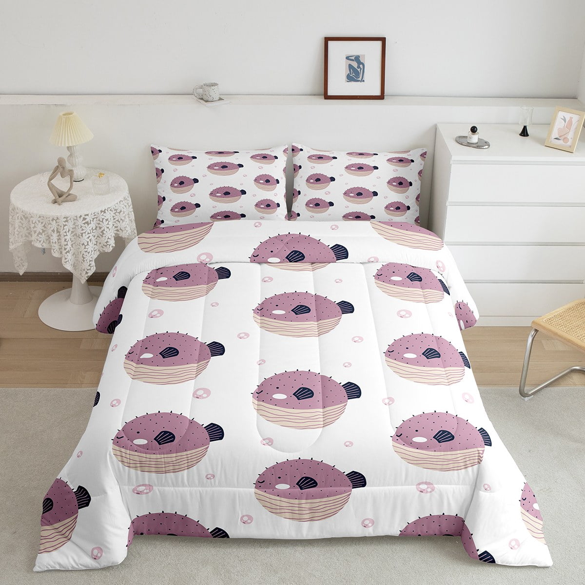 Funny Puffer Fish Decor Bedding Twin Size,Cute Cartoon Sea Animal ...