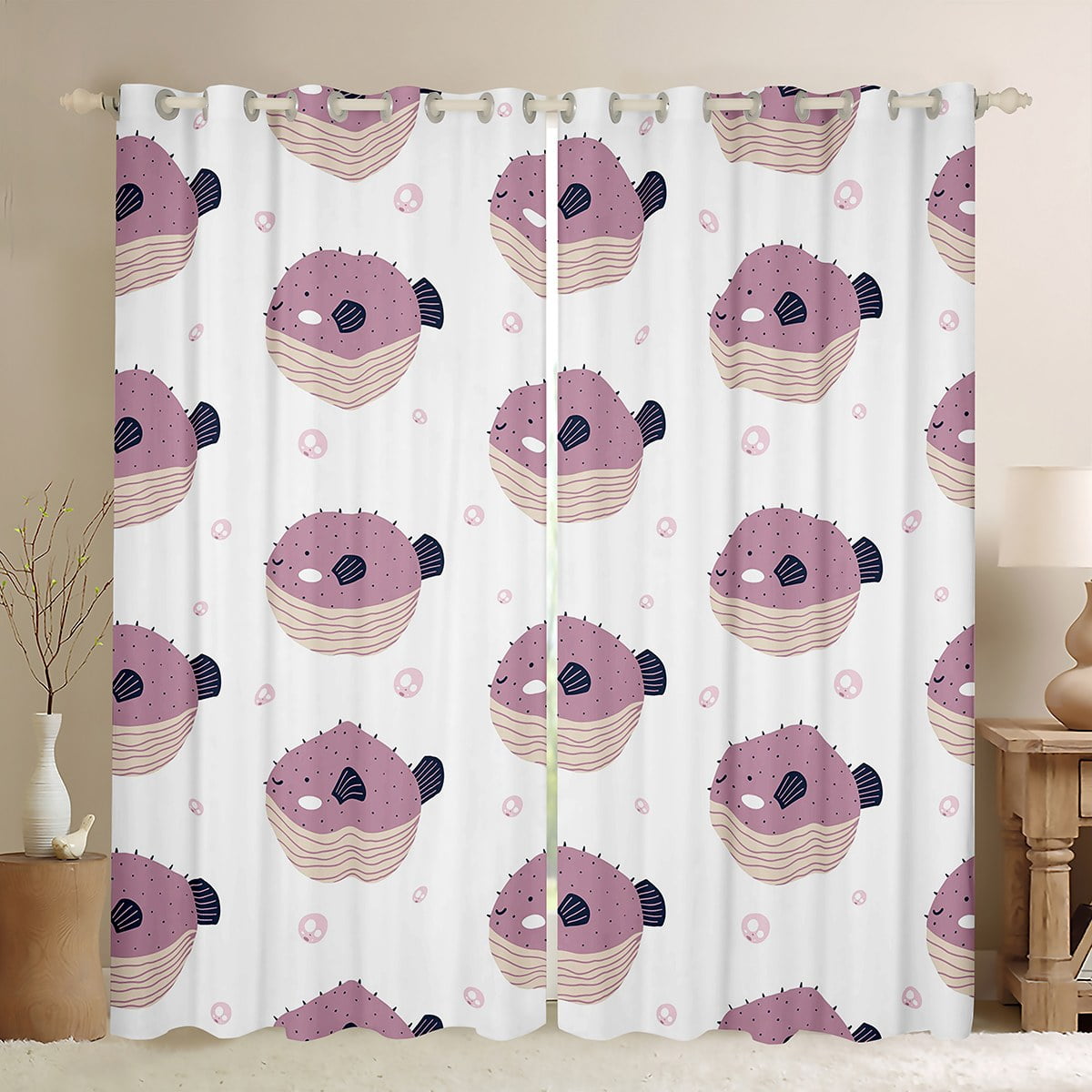 Funny Puffer Fish Decor Blackout Curtains 38"x54" Set of 2 Panels,Cute ...