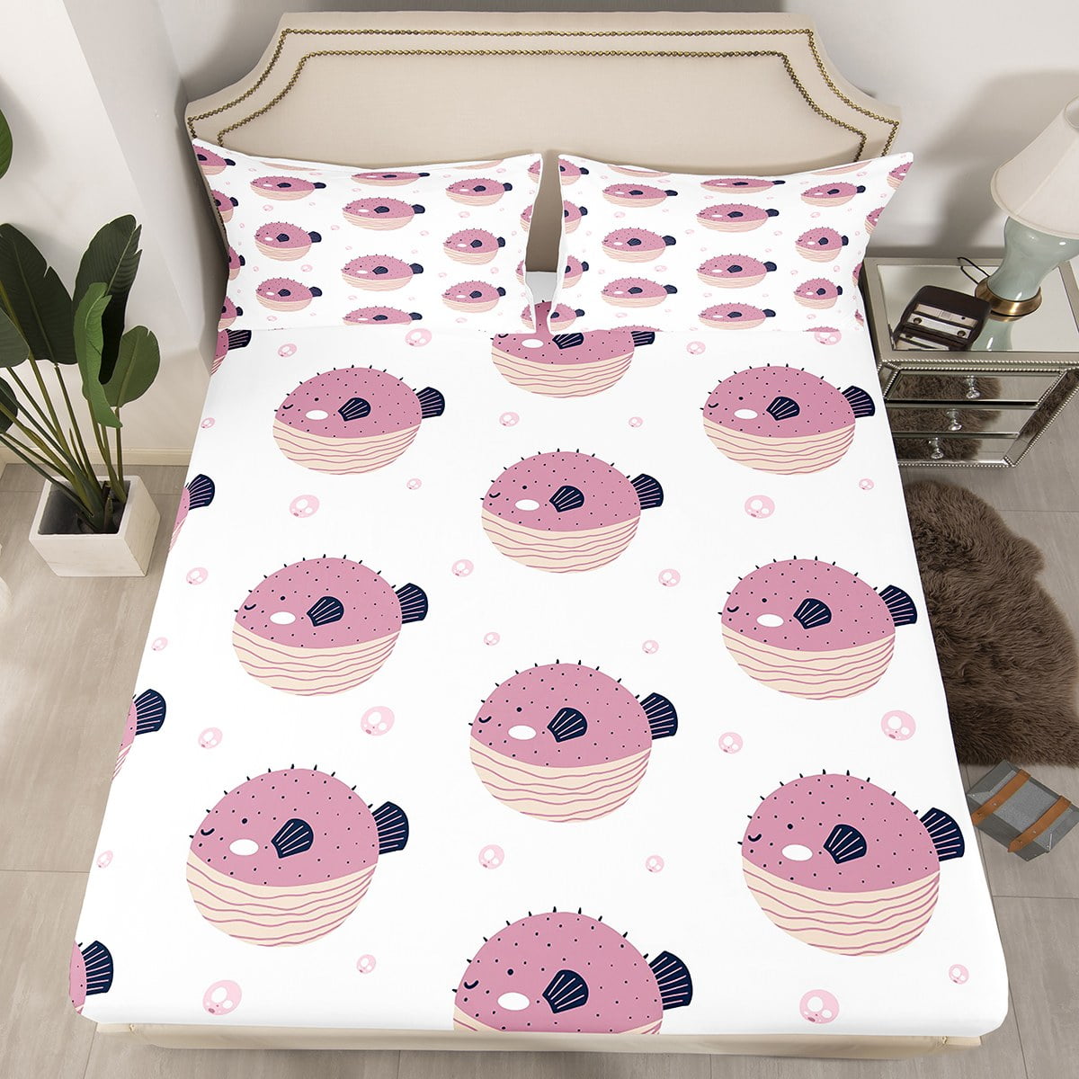 Funny Puffer Fish Decor Fitted Sheet Full Size,Cute Cartoon Sea Animal ...