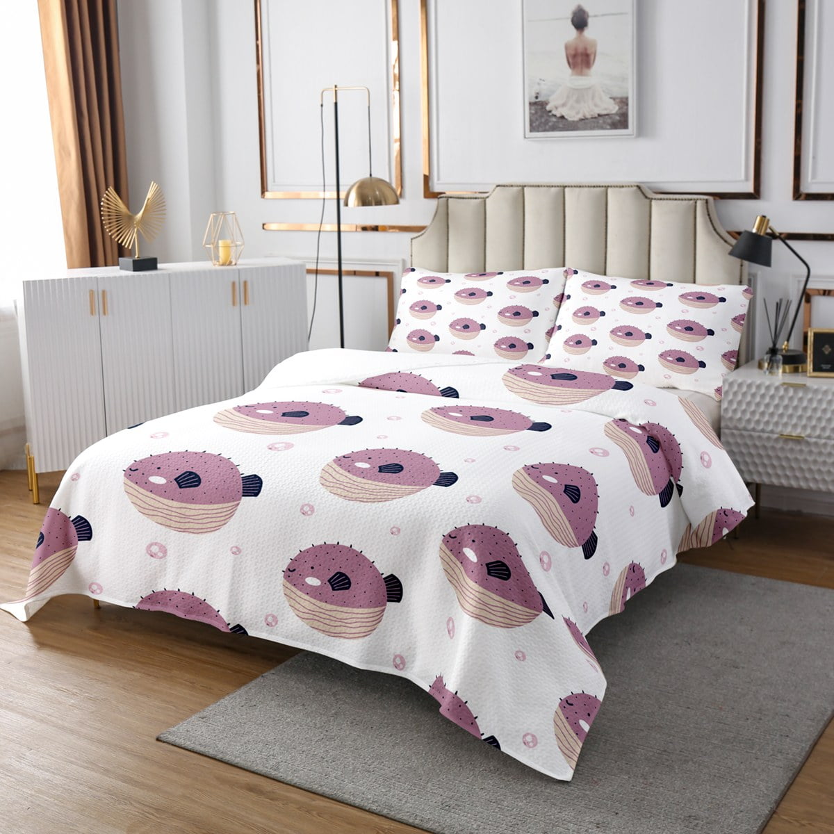 Funny Puffer Fish Decor Quilt Set King Size,Cute Cartoon Sea Animal ...